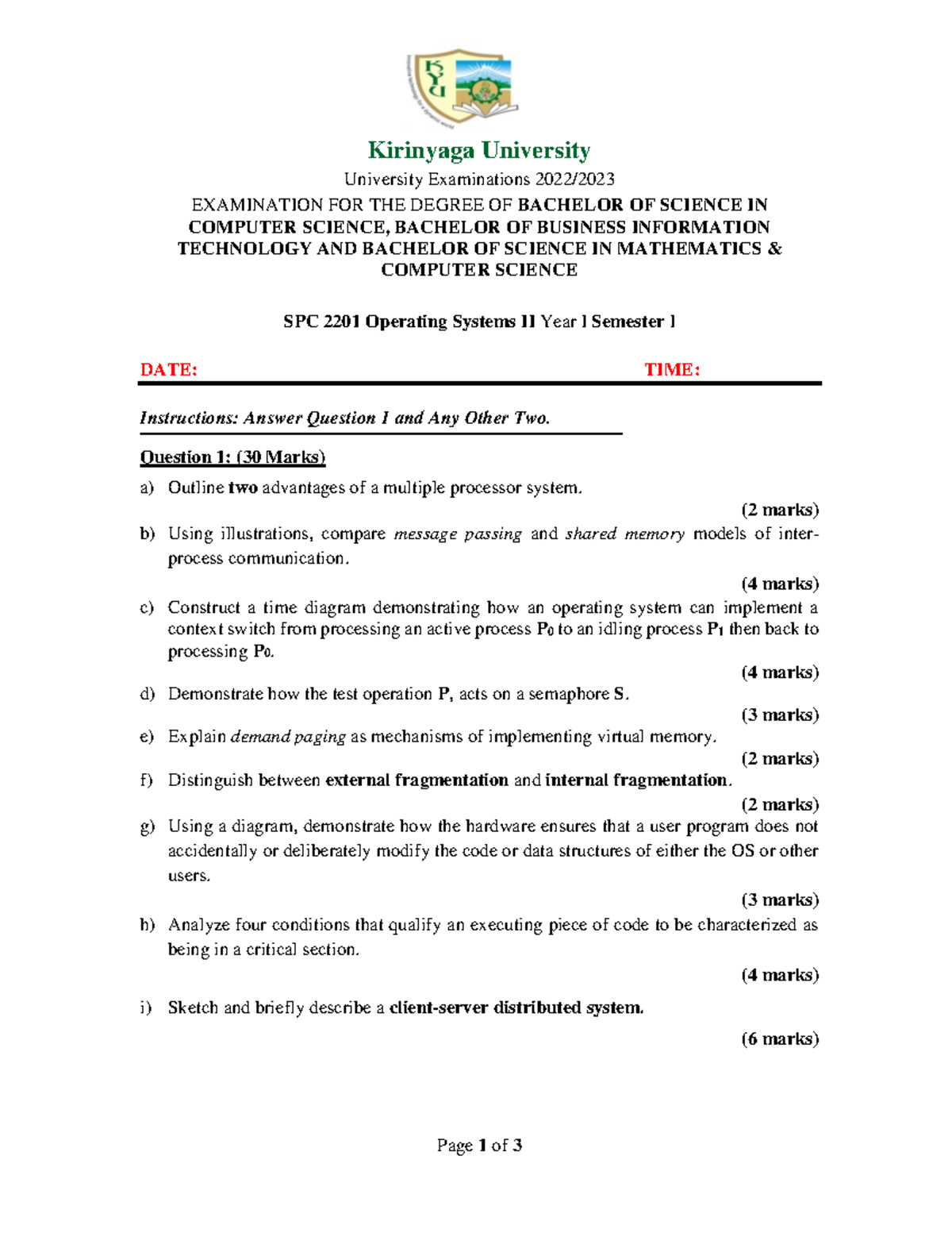 SPC 2201 Operating Systems II Year I Semester I - Page 1 of 3 Kirinyaga University University ...