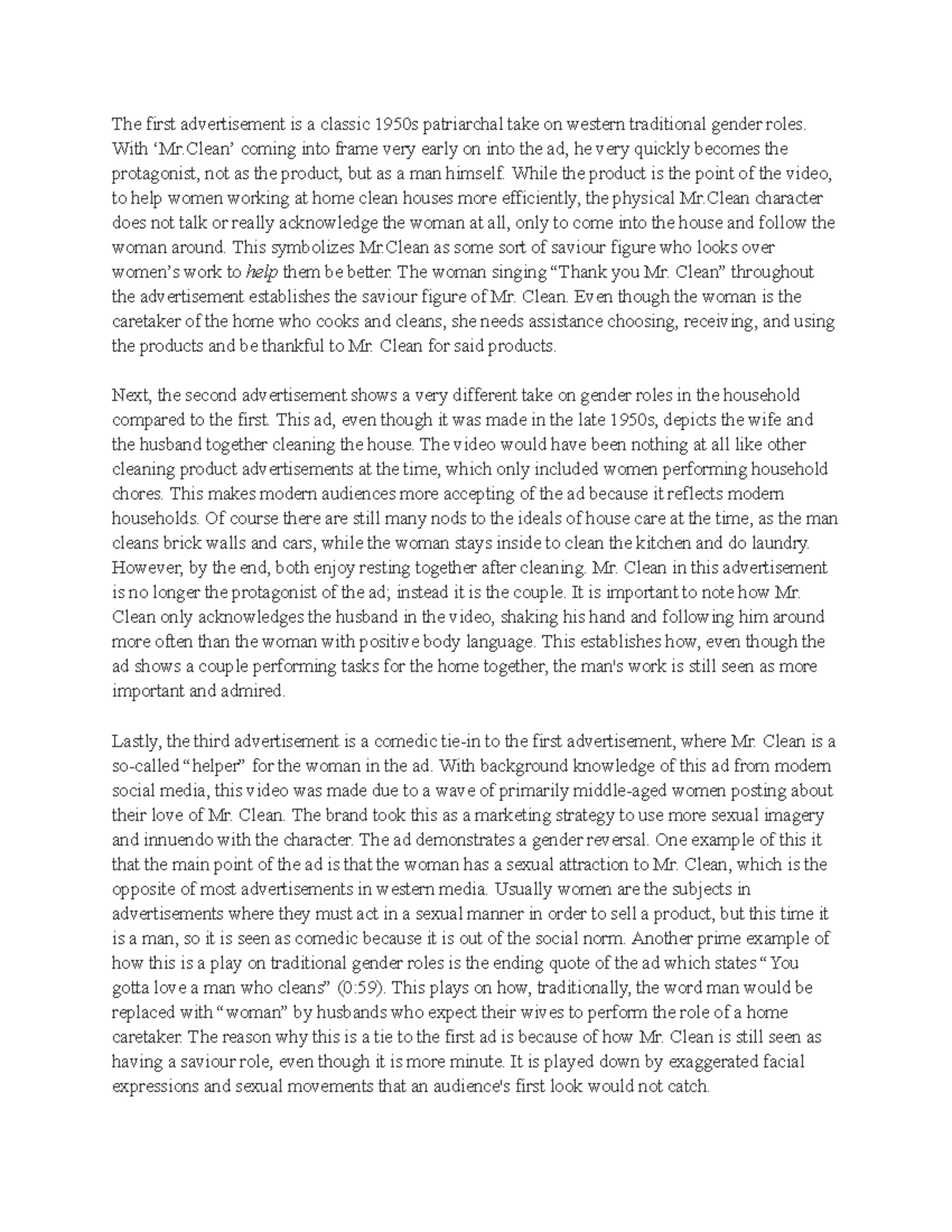 Analysis of Gender Roles in Mr. Clean Advertisements (ENG 101) - Studocu