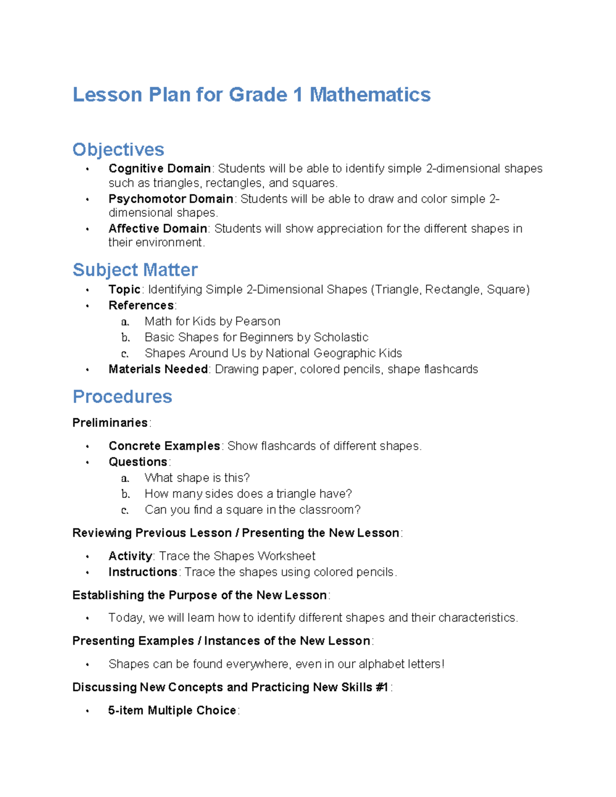 Grade 1 Math Lesson Plan: Identifying 2D Shapes (Triangle, Rect, Square ...