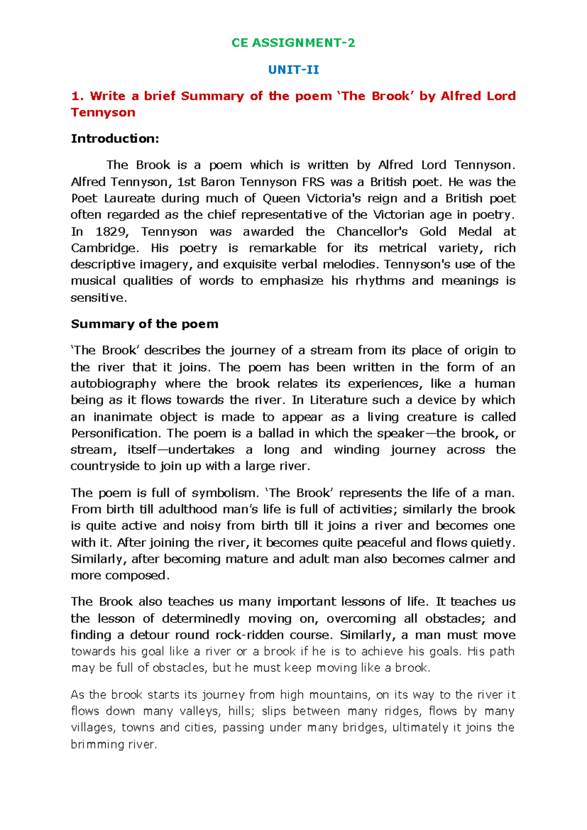 CE 1: Summary and Analysis of Tennyson's Poem "The Brook" - Studocu