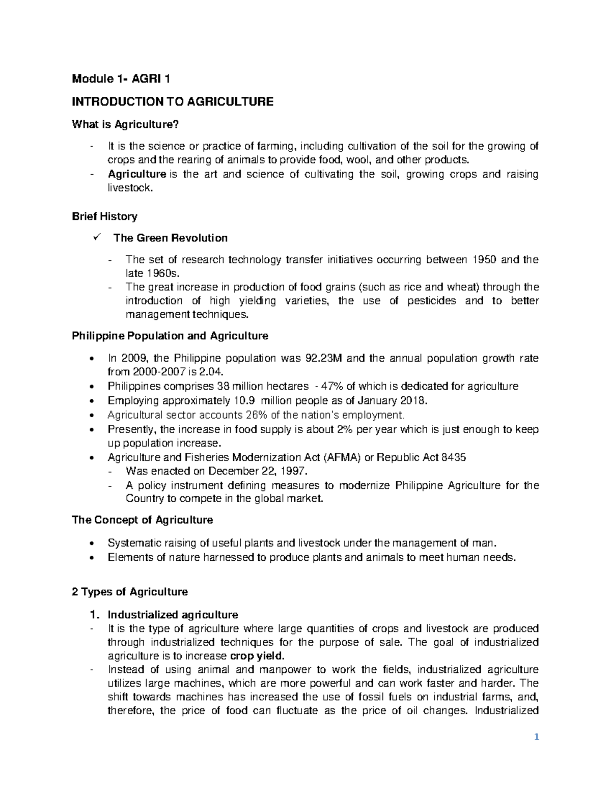 AGRI 1: Module 1 - Introduction to Agriculture Notes - Studocu