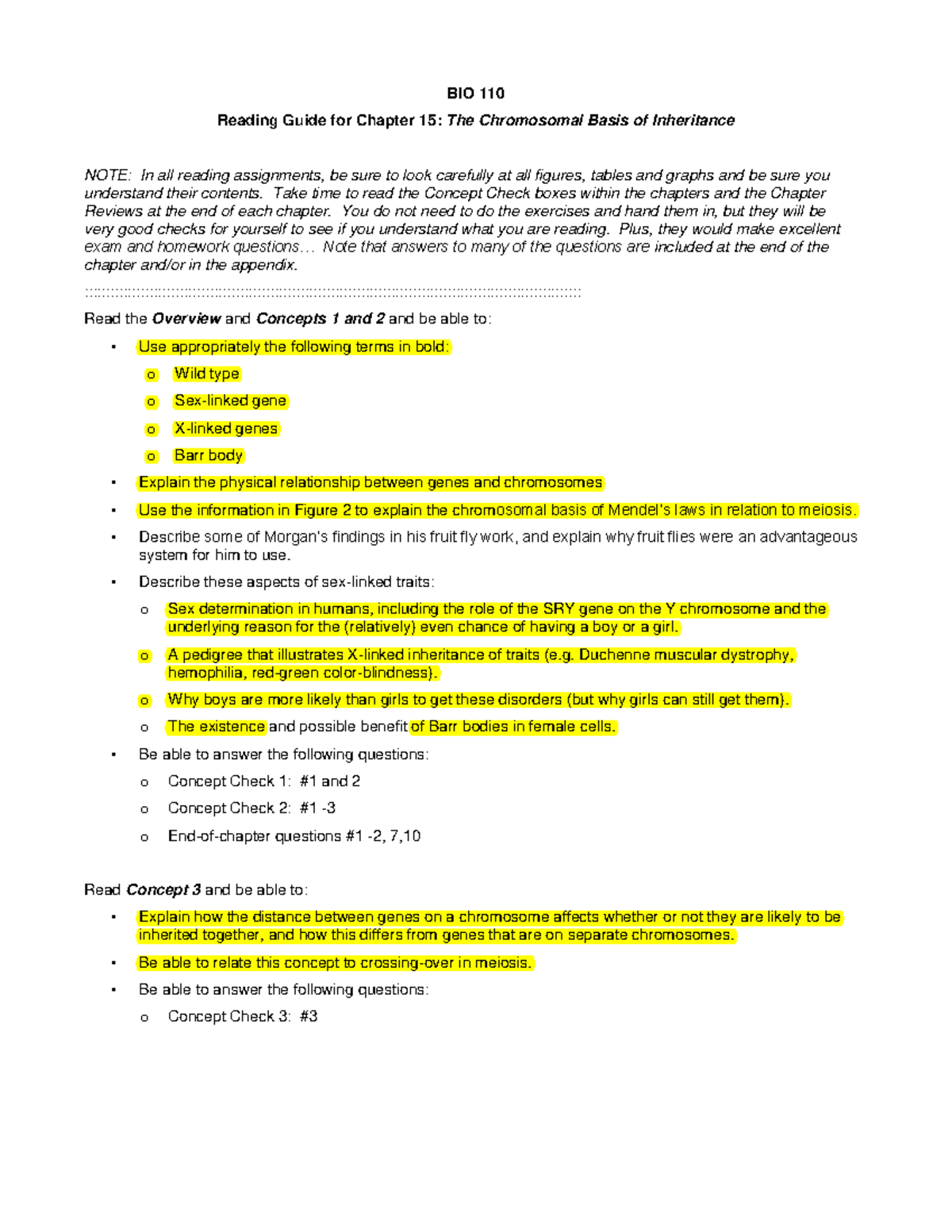 BIO 110 Reading Guide: Chapter 15 - Chromosomal Inheritance Basics ...