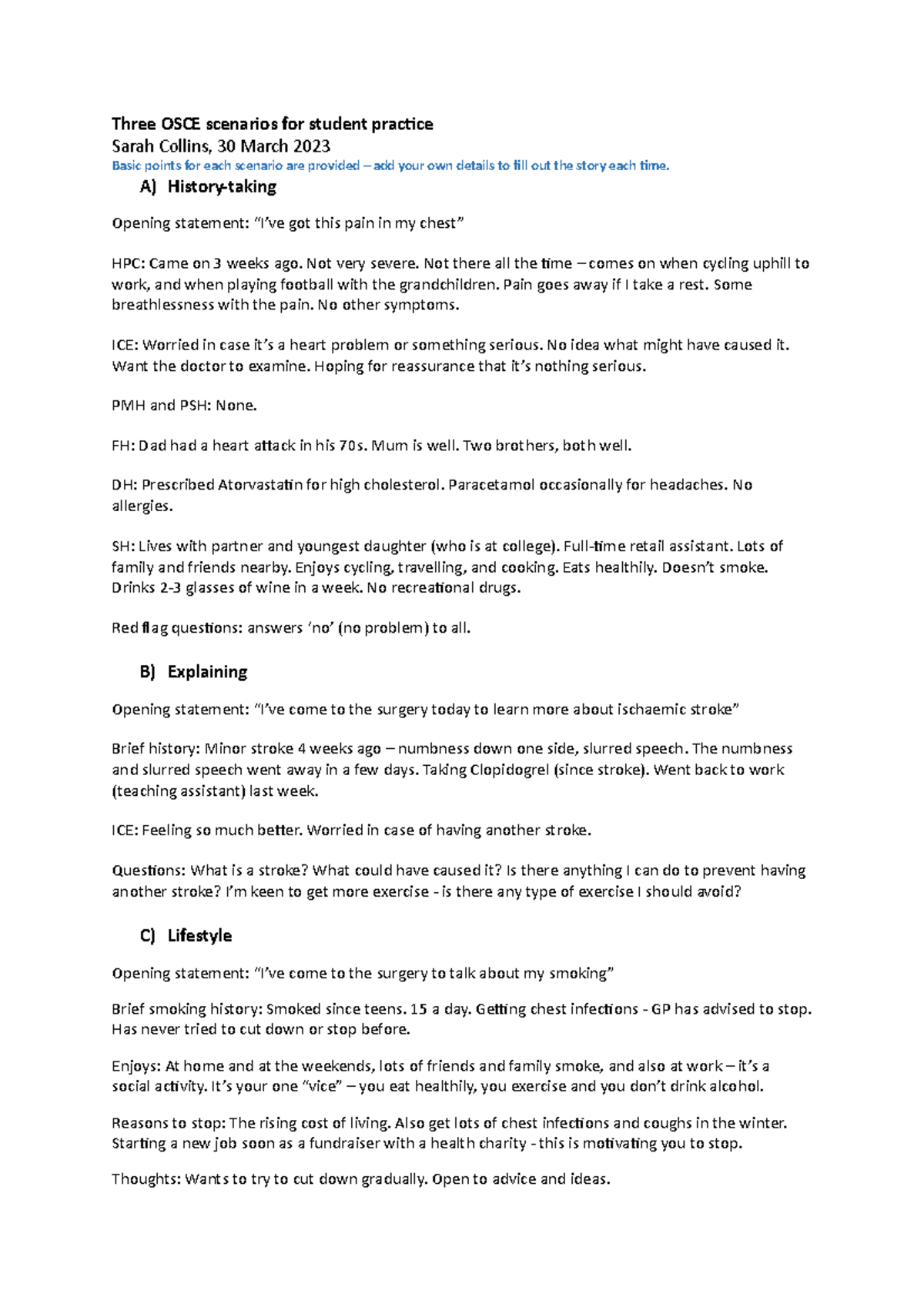 OSCE Scenarios for Student Practice: A Comprehensive Guide - Studocu