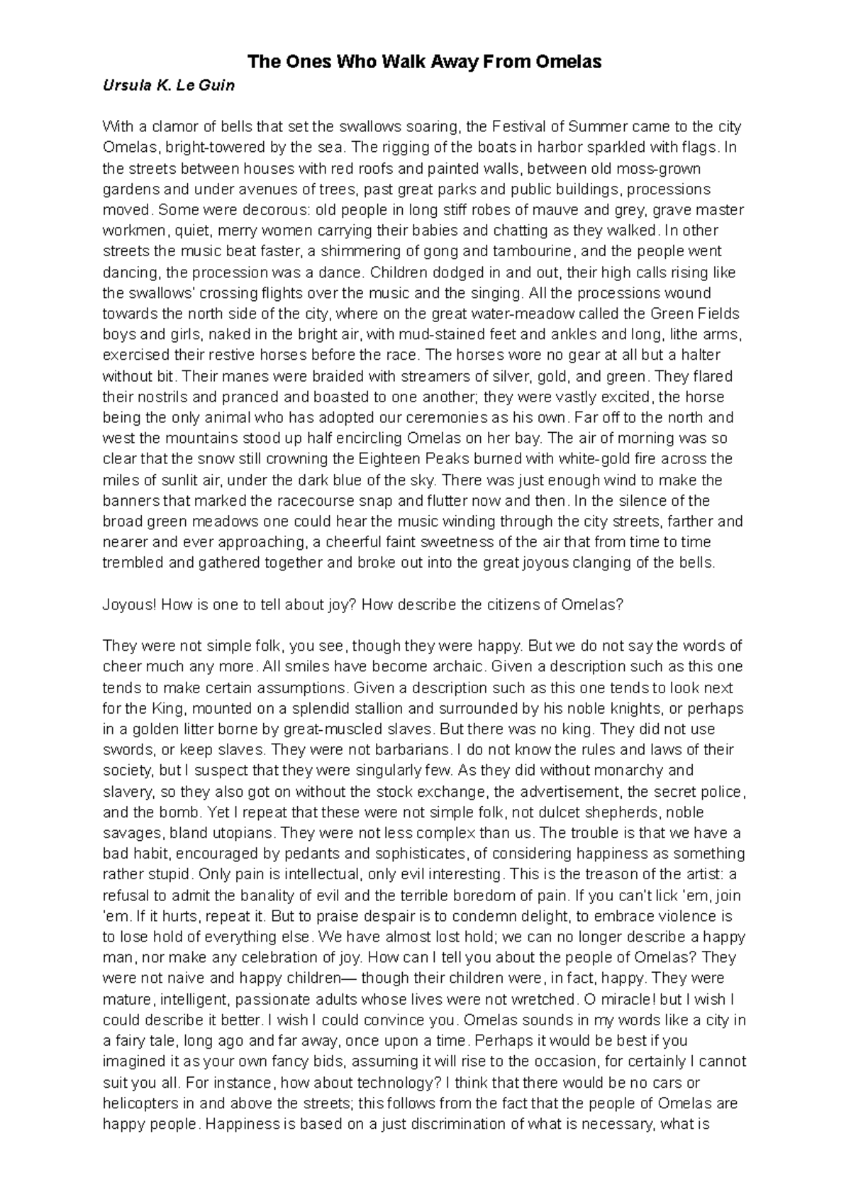 The Ones Who Walk Away From Omelas: A Study Guide - Studocu