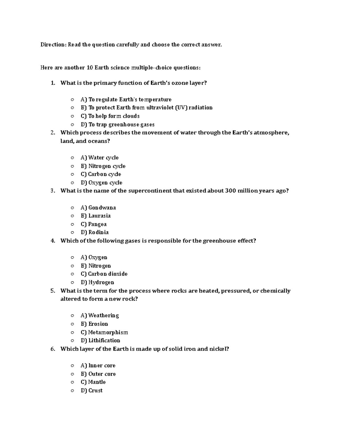 Y78 - Earth Science Quiz: Understanding Atmosphere & Geology Concepts ...