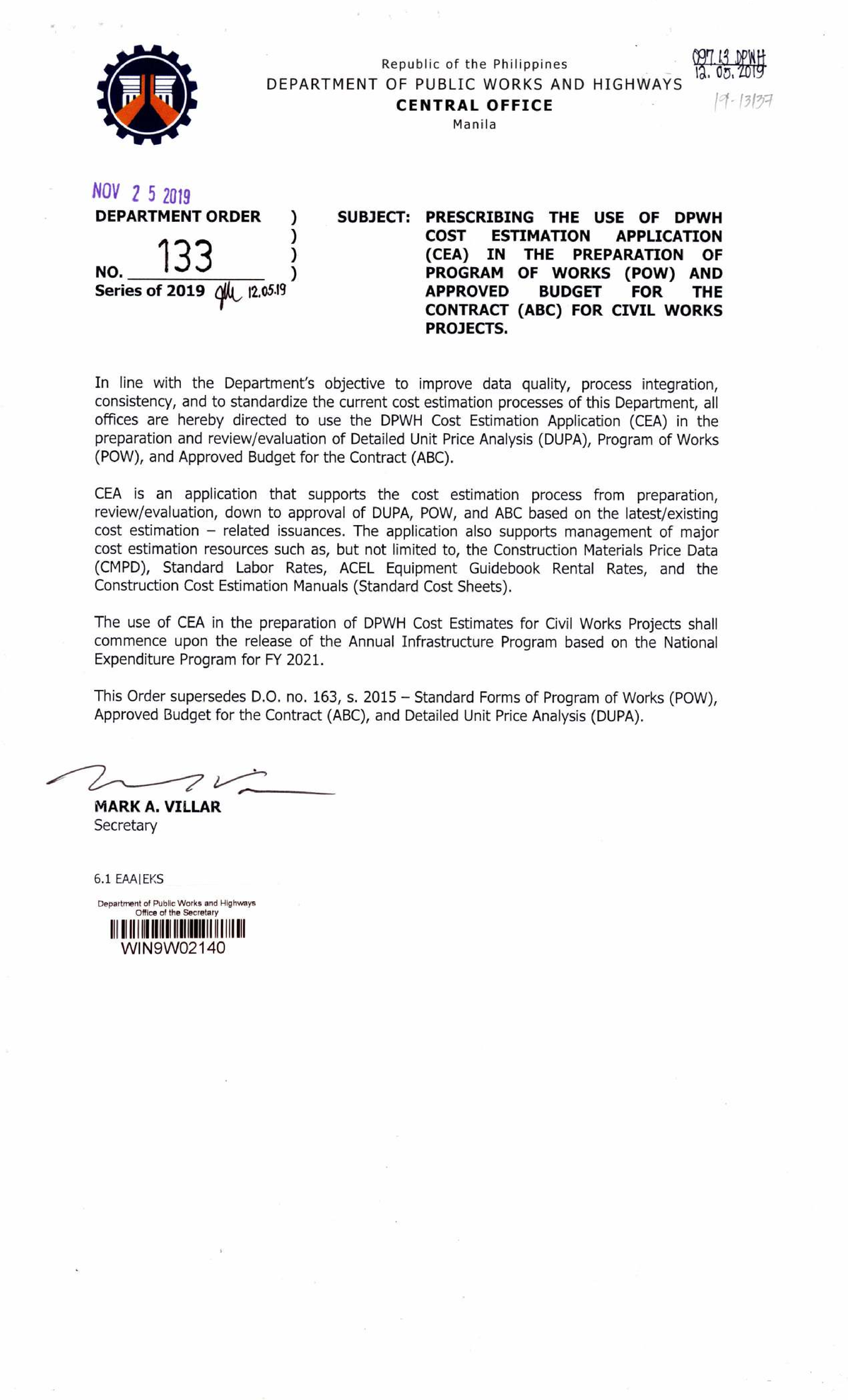 DO 133 s2019 - Guidelines for DPWH Cost Estimation Application - Studocu