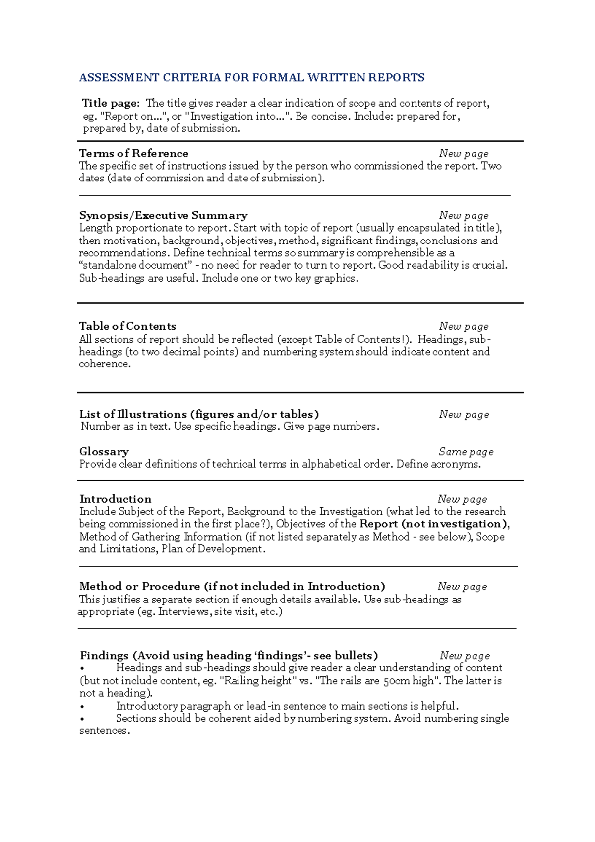 Assessment Criteria for Formal Written Reports (Guidelines) - Studocu