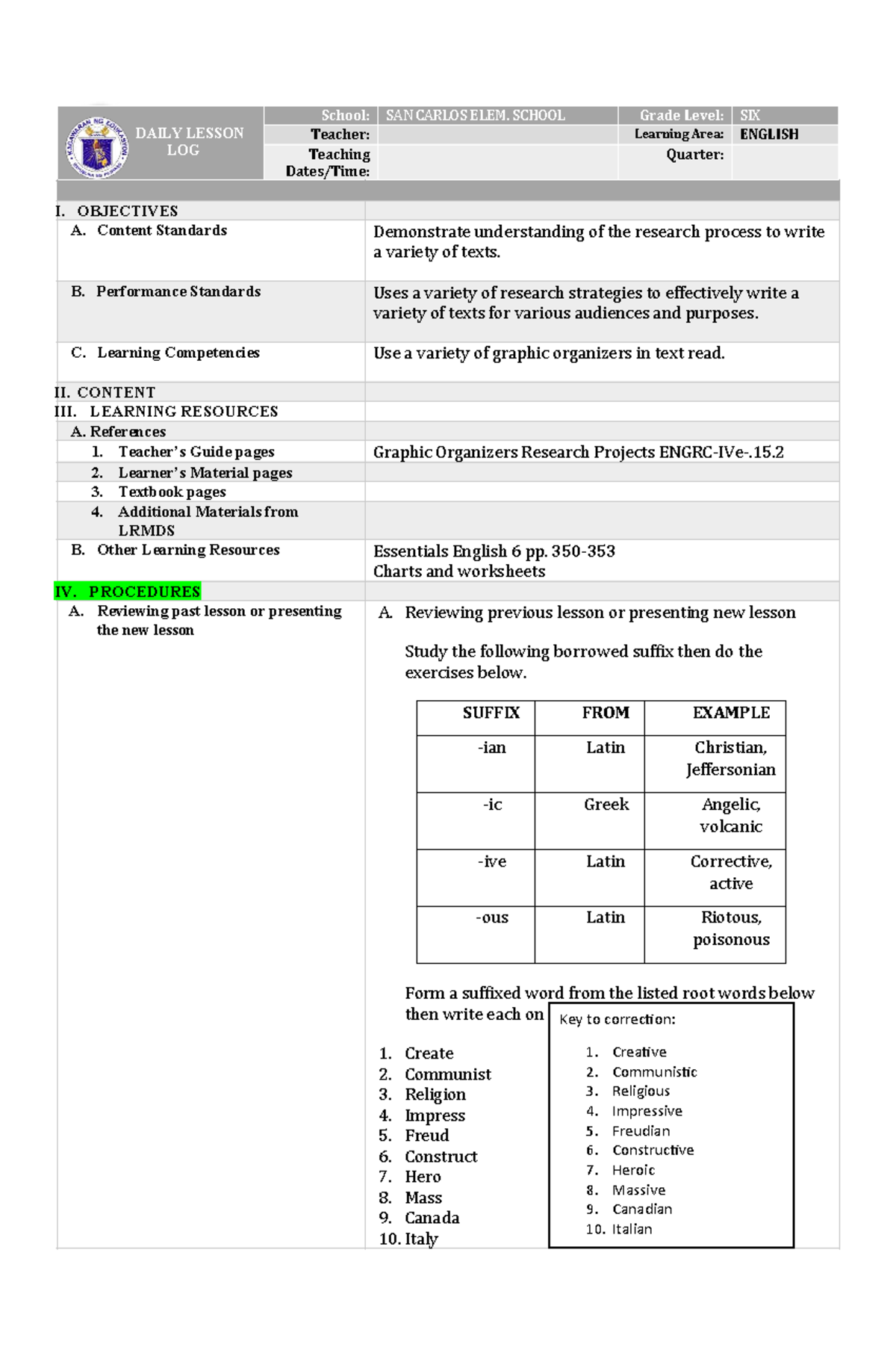DAILY LESSON LOG: English 6 - Graphic Organizers & Research Skills ...