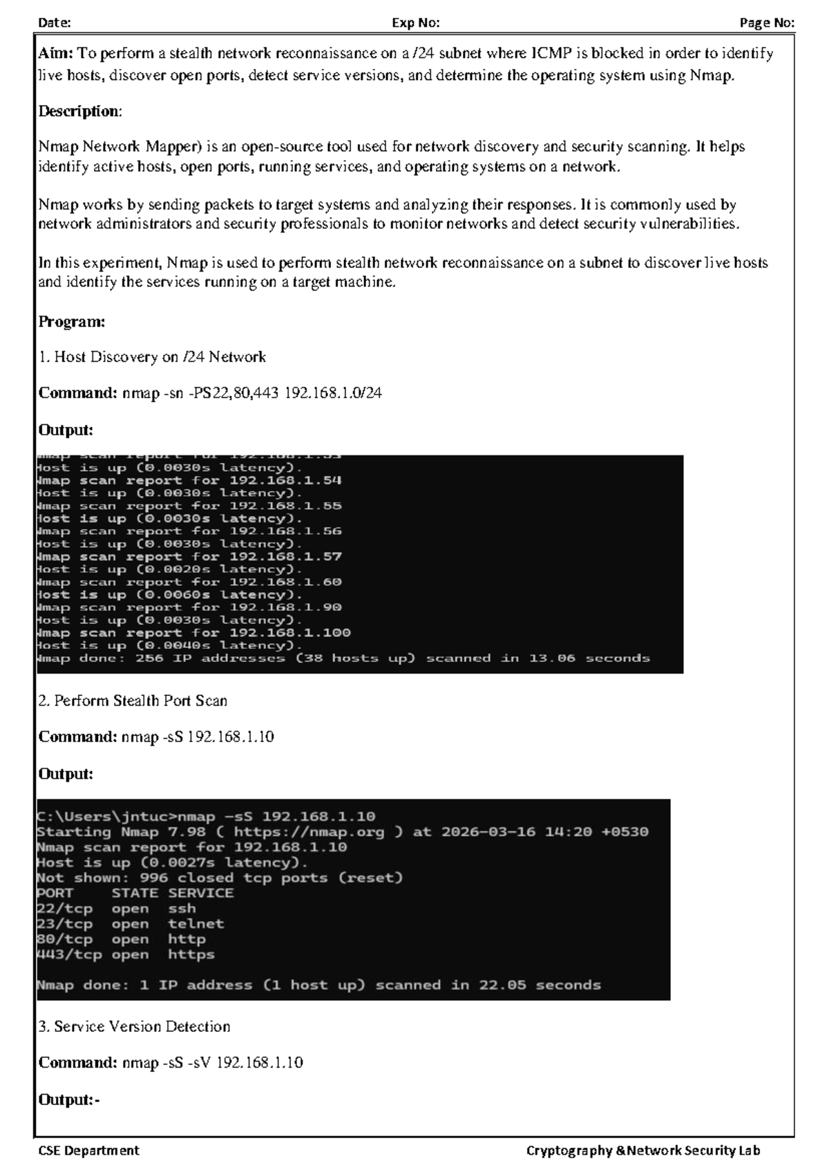 CSE 101: Nmap Stealth Network Reconnaissance Lab Report - Studocu