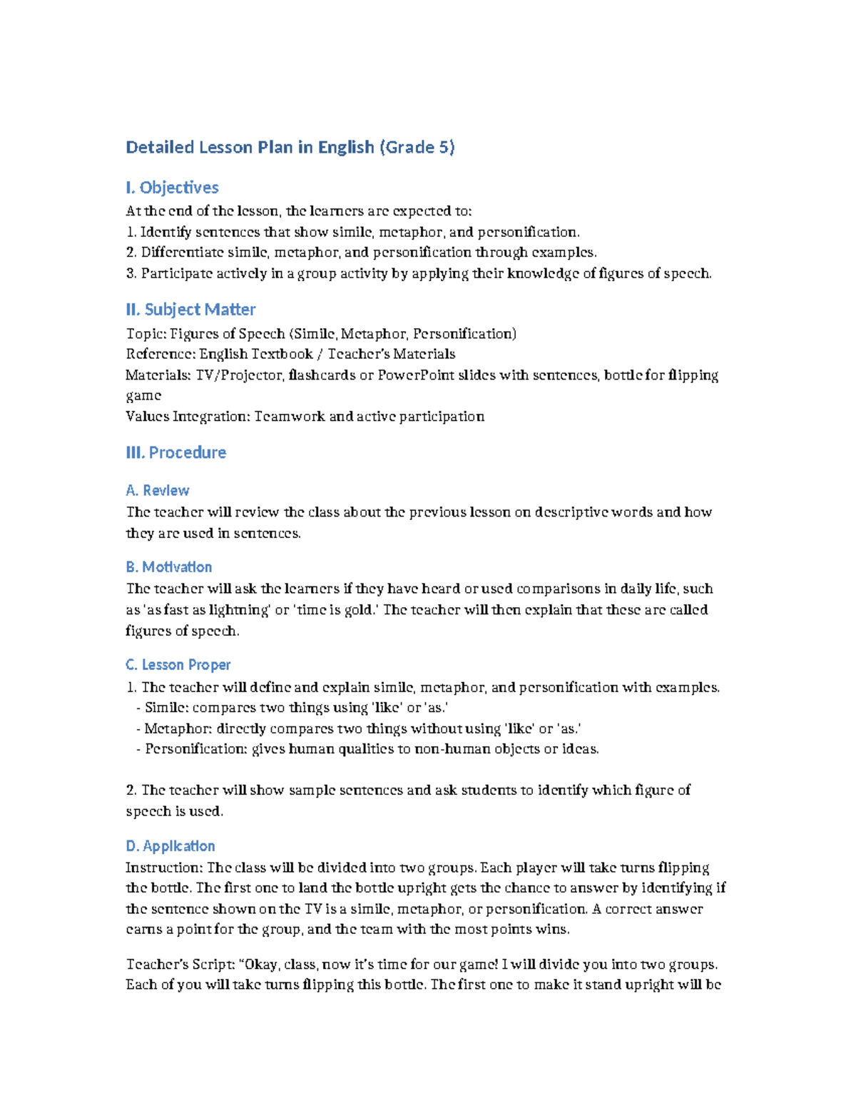 Detailed Lesson Plan: Figures of Speech (Simile, Metaphor ...