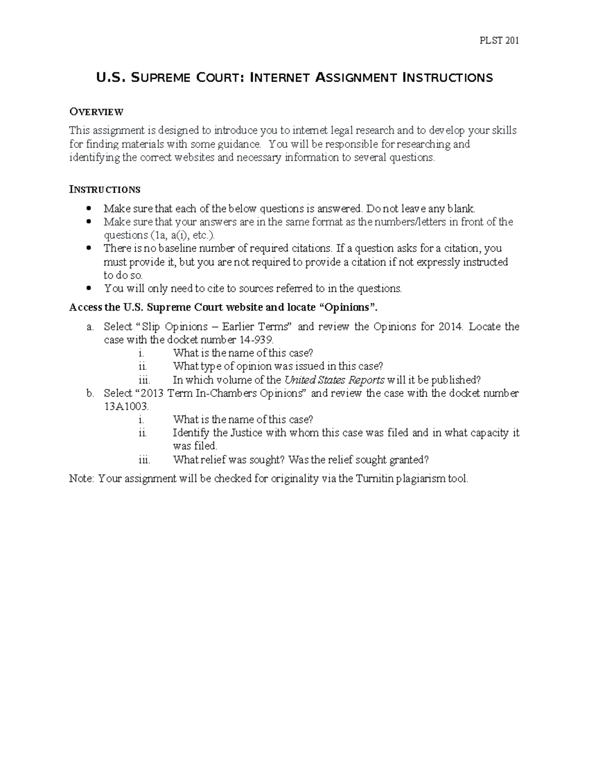 PLST 201 - U.S. Supreme Court Internet Assignment Guidelines - Studocu