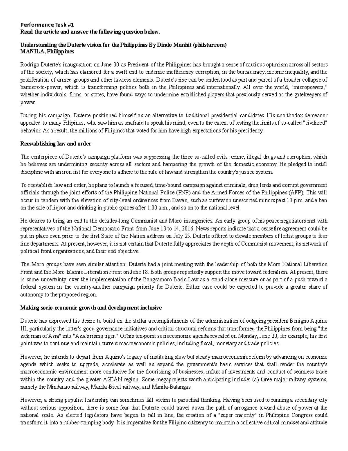 Activity 1 Reading and Writing - Performance Task Read the article and ...