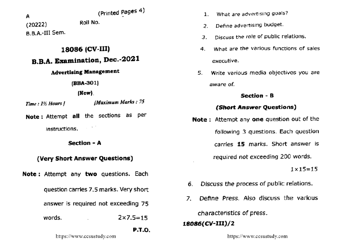 B.B.A. Exam: Advertising Management (Sem 18086) Q&A Guide - Studocu