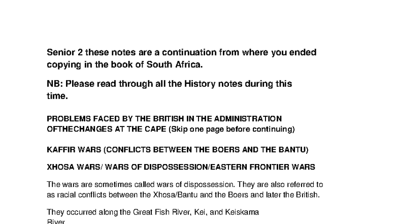 S2 History Paper 4 Holiday Work: The Kaffir Wars and Their Impact - Studocu