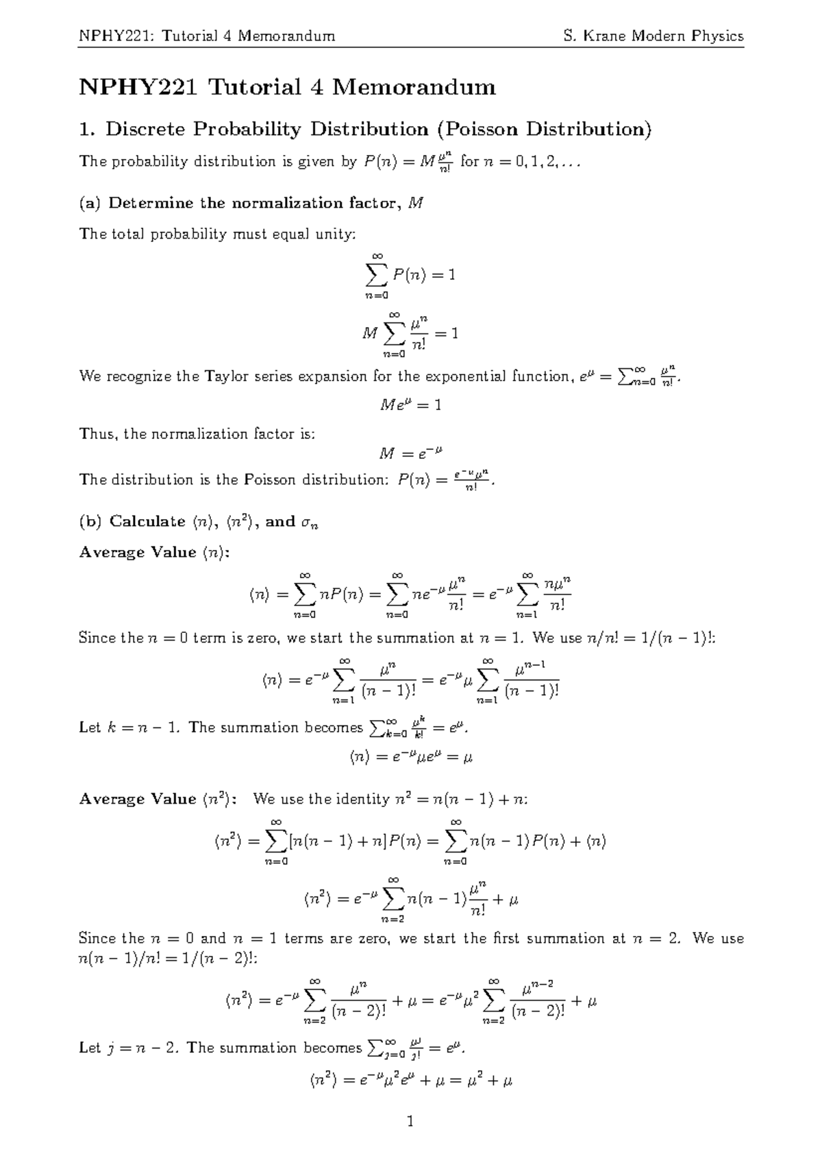 NPHY221: Quantum Physics Tutorial 4 Notes on Poisson Distribution and ...