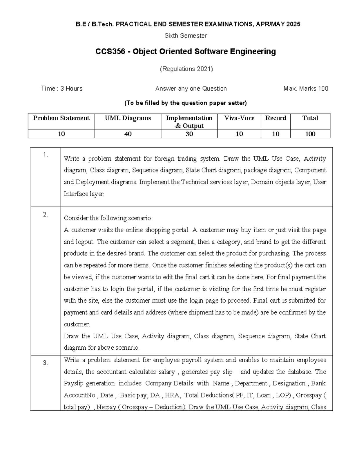 CCS356 Object Oriented Software Engineering - End Sem Exam QP 2025 ...