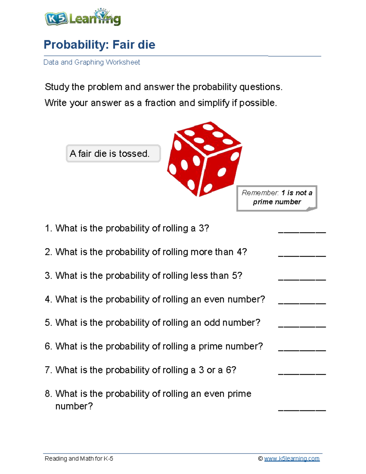Grade 5 Probability Study Worksheet - Fair Die Analysis - Studocu