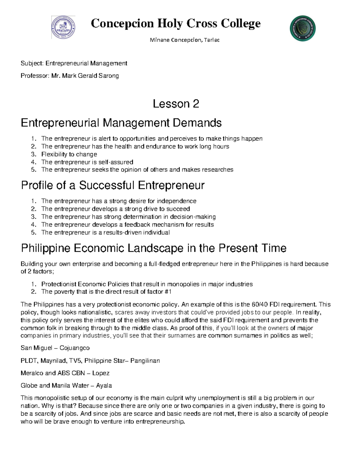 Lesson 2 Entrep - .... - Subject: Entrepreneurial Management Professor ...