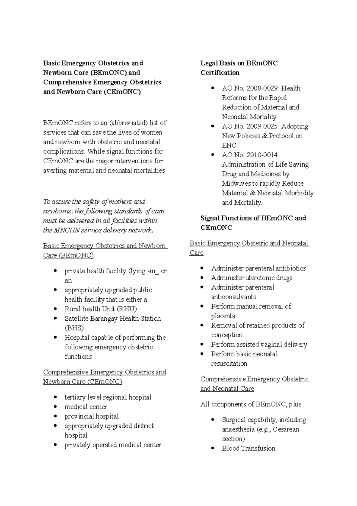 BEmONC & CEmONC: Essential Guidelines for Emergency Obstetric Care ...
