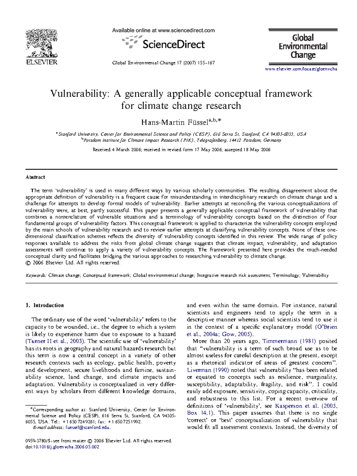 Vulnerability Framework for Climate Change Research (CESP 2007) - Studocu
