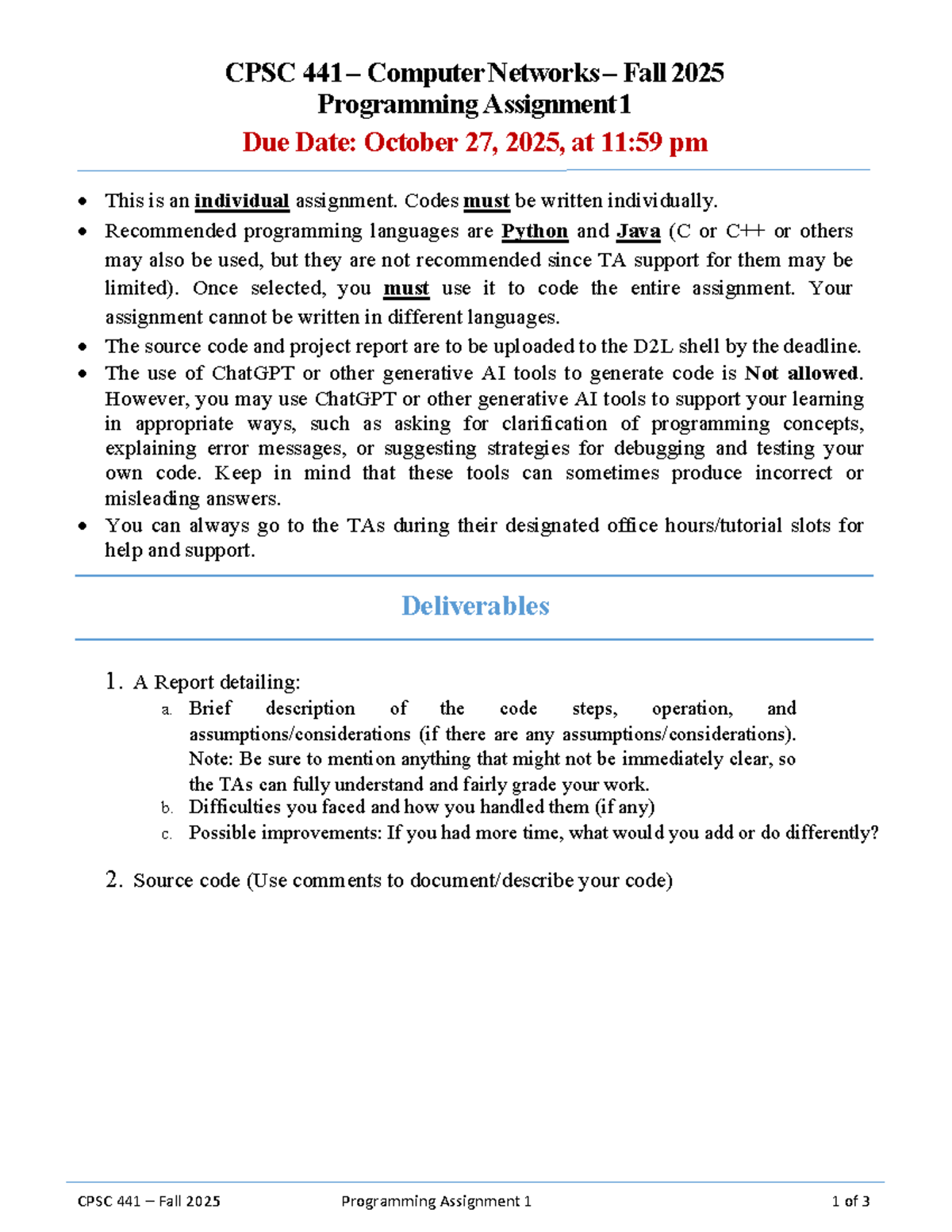 CPSC 441 Fall 2025 Programming Assignment 1: Communication App Design - Studocu