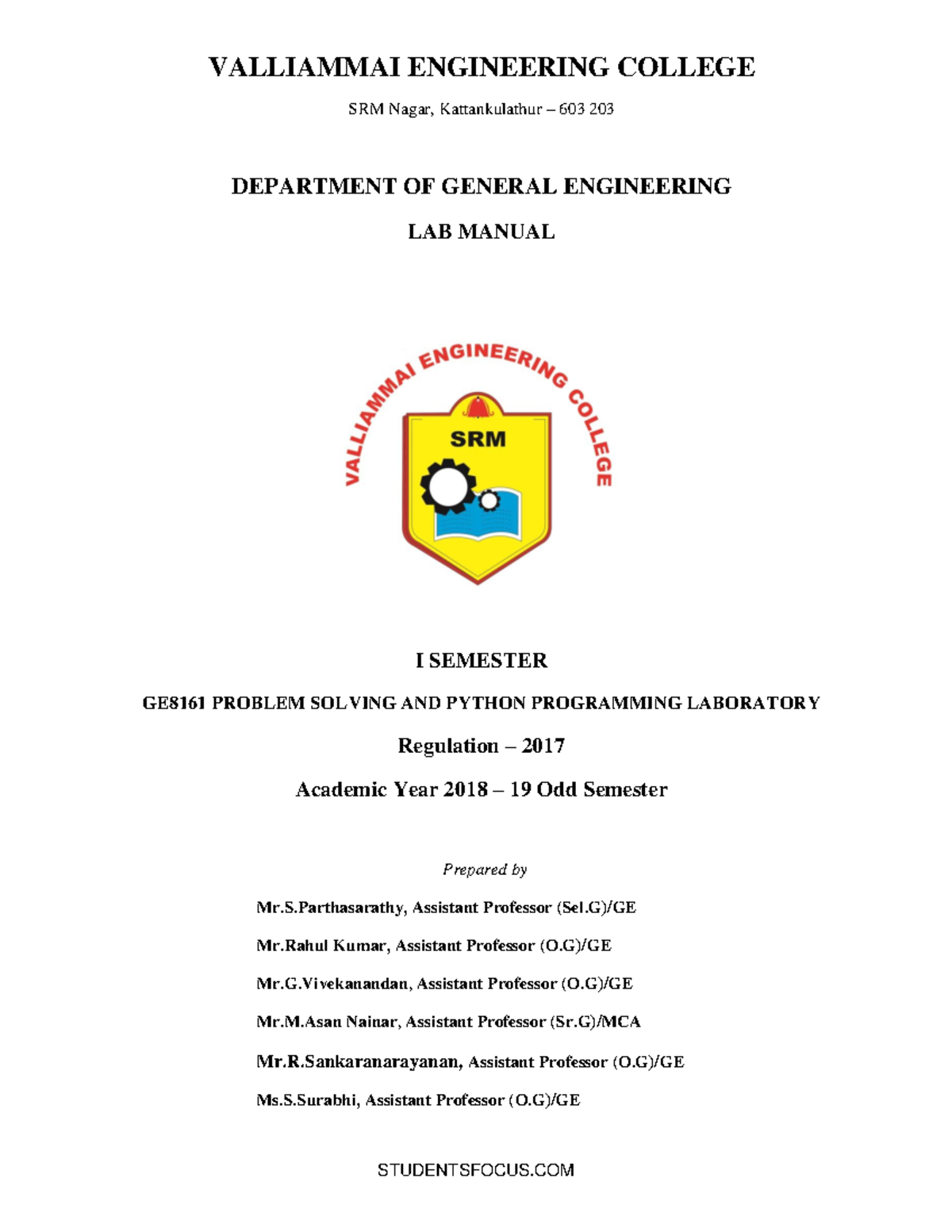 GE8161-Problem Solving and Python Programming-Lab Manual - VALLIAMMAI ENGINEERING COLLEGE SRM ...