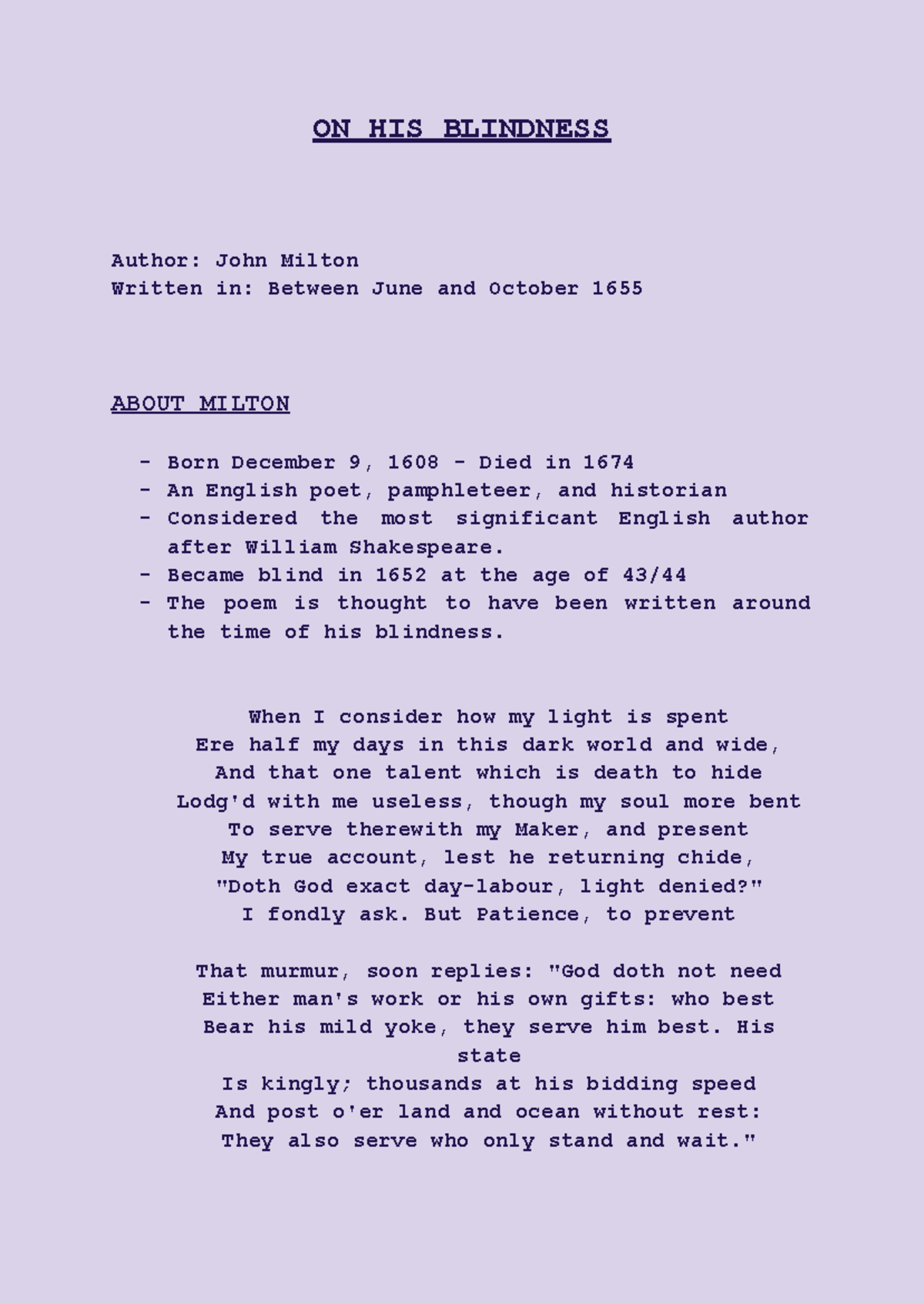 John Milton's "On His Blindness": Detailed Notes & Analysis - Studocu
