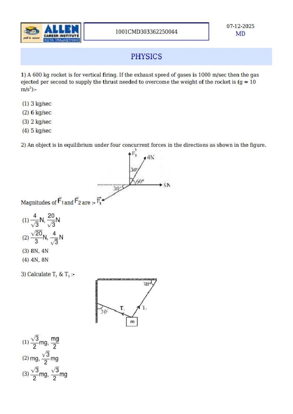 ALLEN 1001CMD303362250044 PHYSICS SOLUTIONS & EXAMPLES - Studocu
