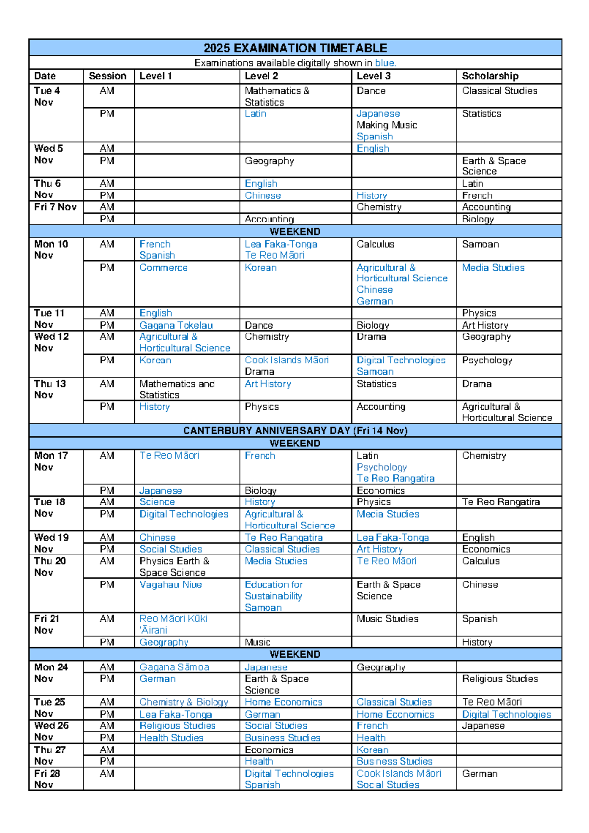 2025 NCEA and NZ Scholarship exam timetable - 2025 EXAMINATION ...