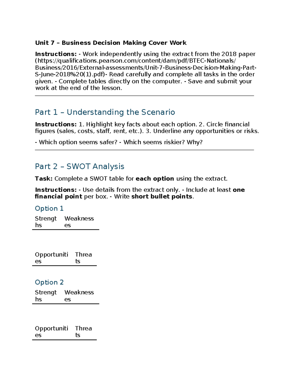 Unit 7 Business Decision Making: Worksheet Instructions & Analysis ...