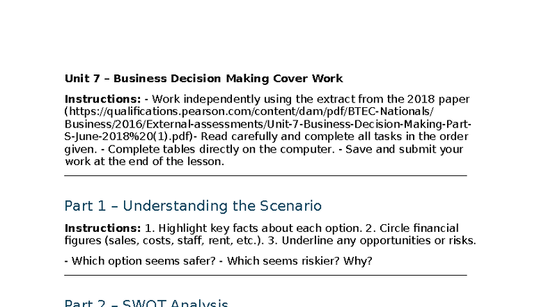 Unit 7 Business Decision Making: Worksheet Instructions & Analysis ...