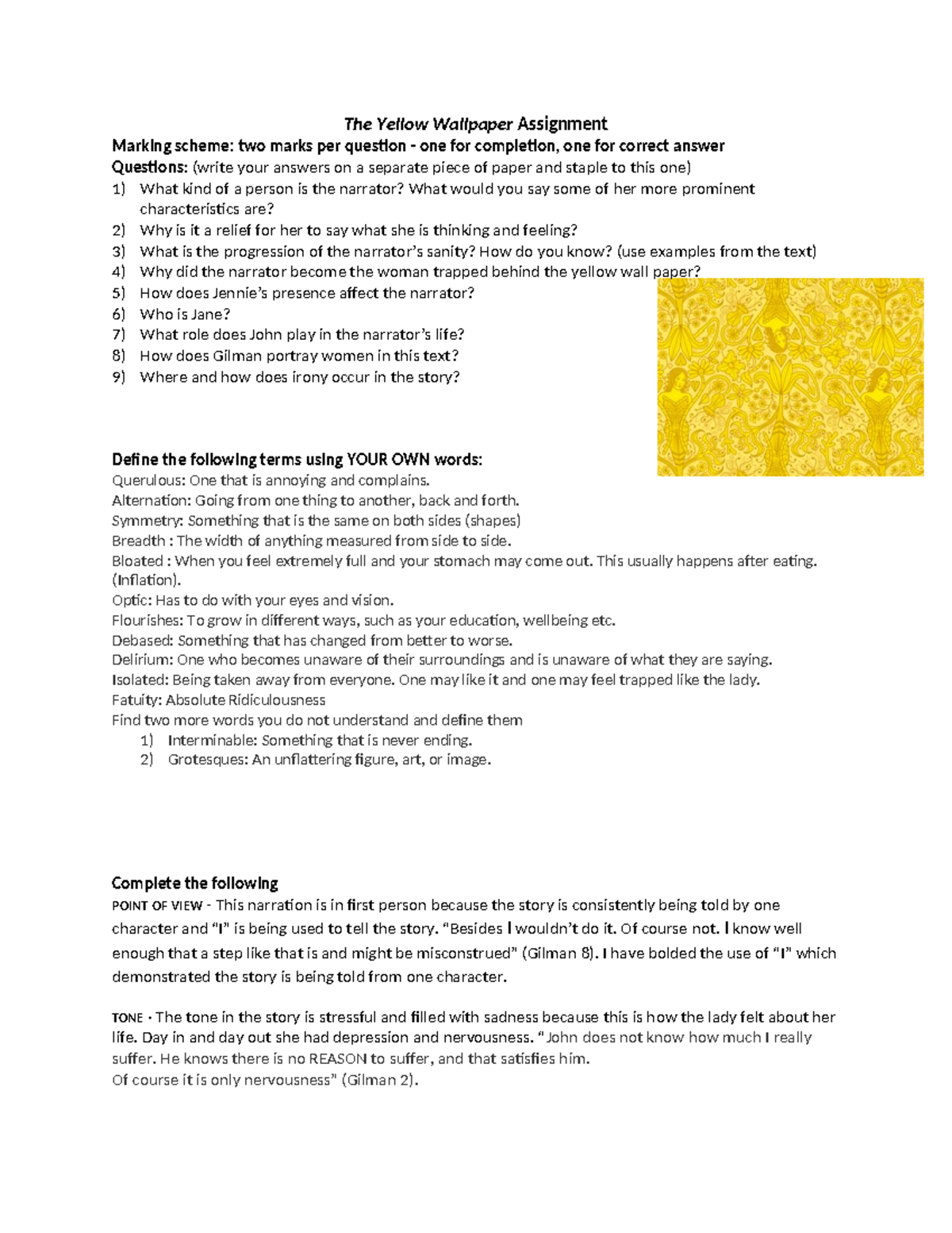 The Yellow Wallpaper (ENG 101) Assignment Questions and Analysis - Studocu