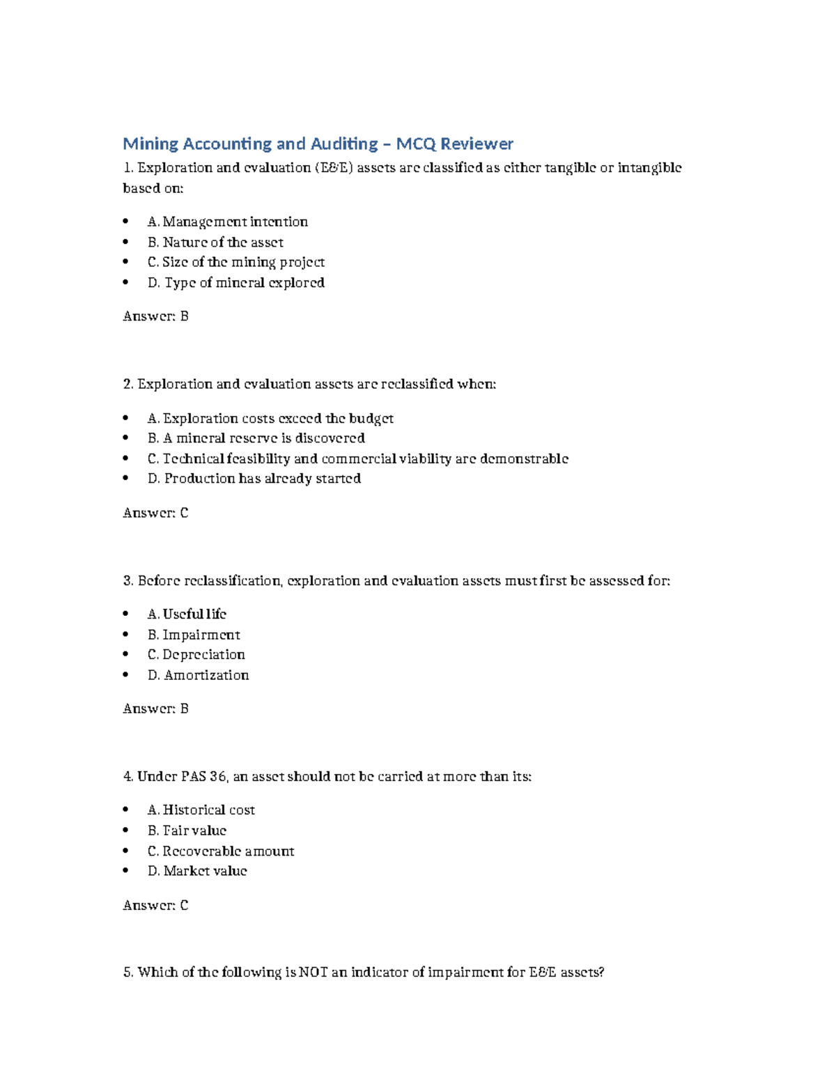 Mining Accounting and Auditing MCQ Reviewer 1: Questions & Answers ...