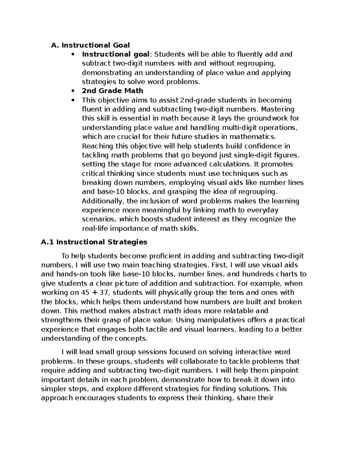 D188 Task 1: Strategies for Teaching 2nd Grade Addition & Subtraction ...