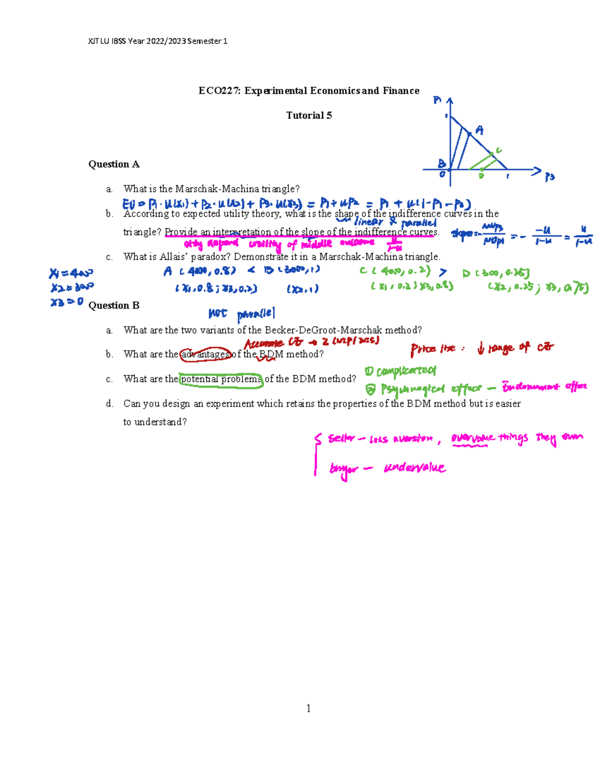 ECO227 Tutorial 5: Marschak-Machina Triangle & BDM Method Insights ...