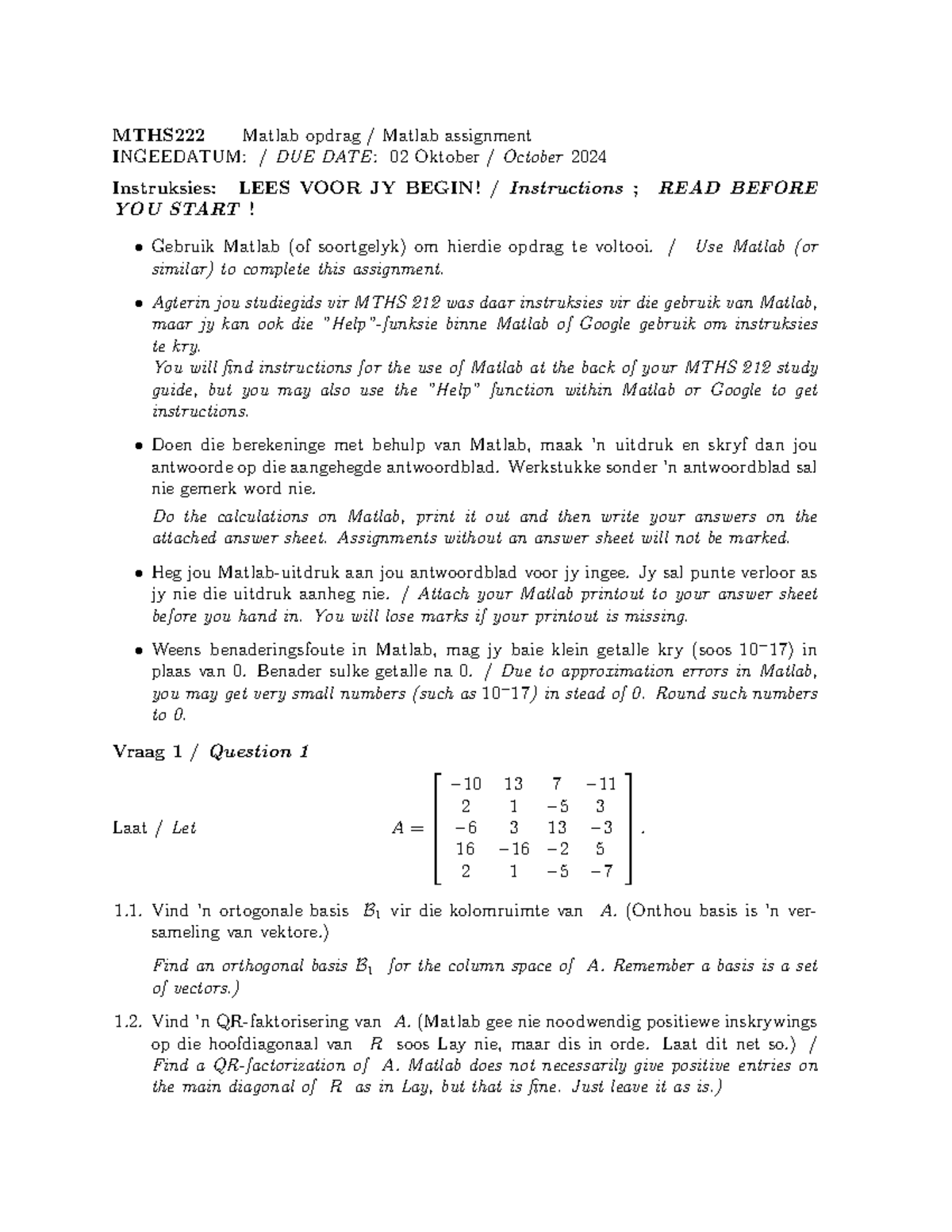 MTHS222 Matlab Assignment Instructions and Questions - Studocu