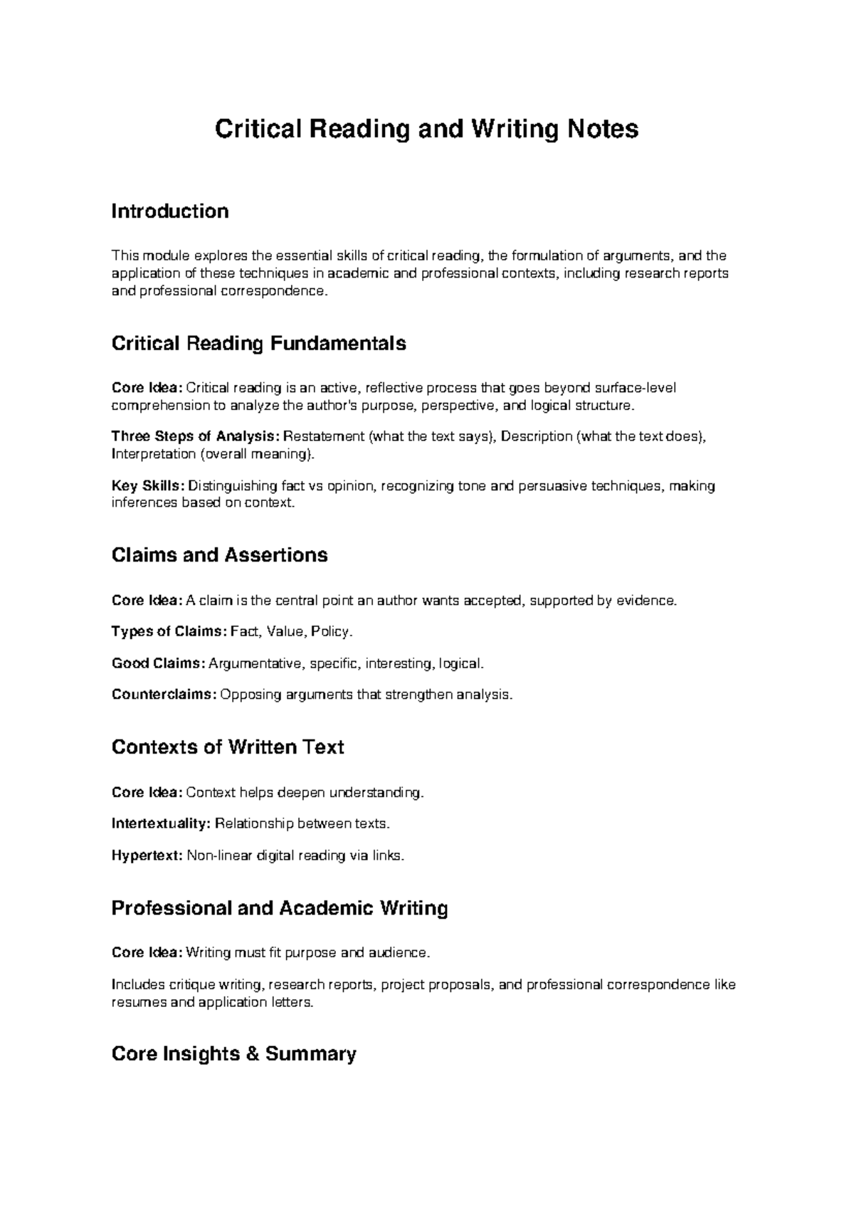 Critical Reading & Writing Notes: Skills for Academic Success - Studocu