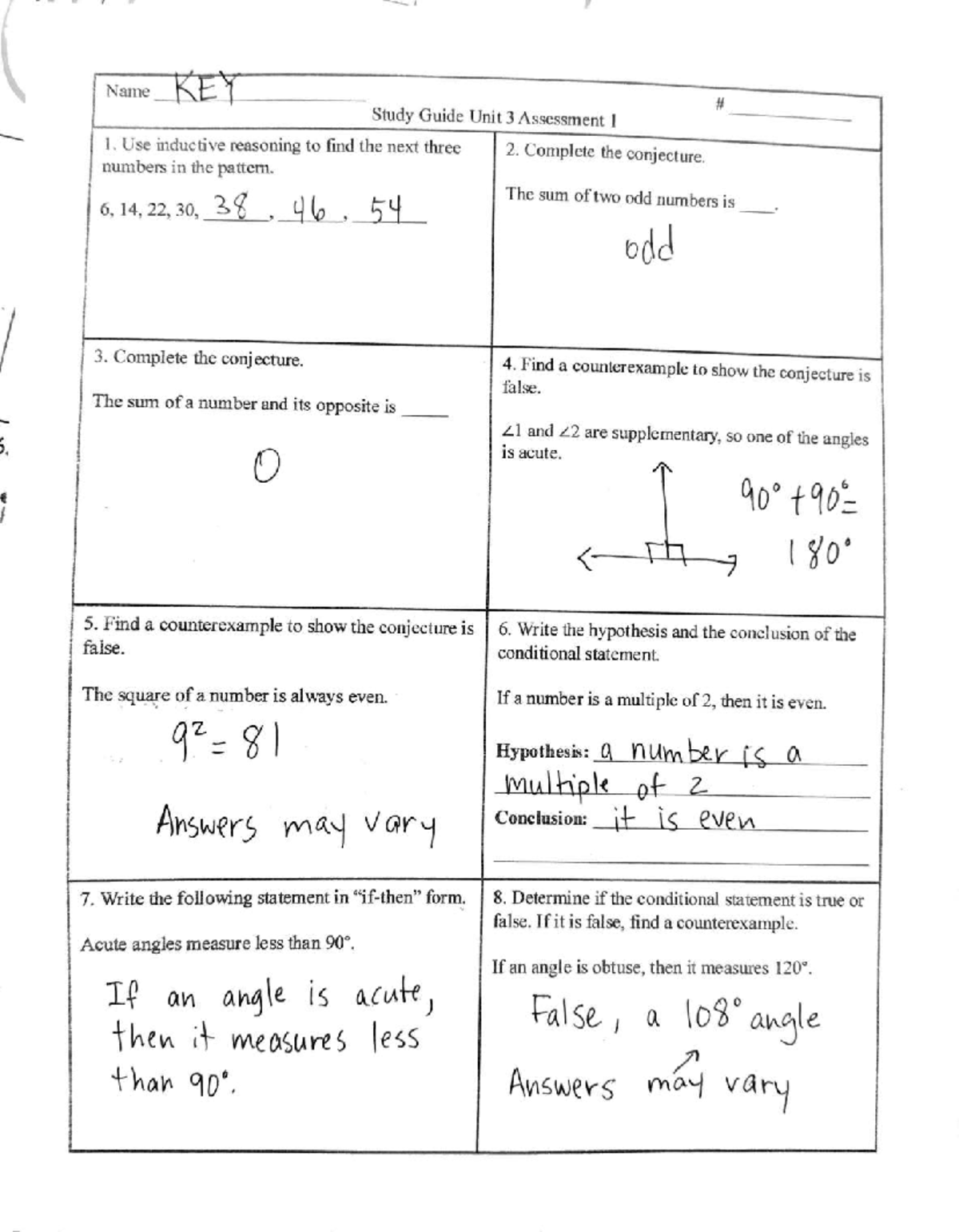 KEY Unit 3 Assessment 1 Study Guide: Inductive Reasoning & Conjectures ...