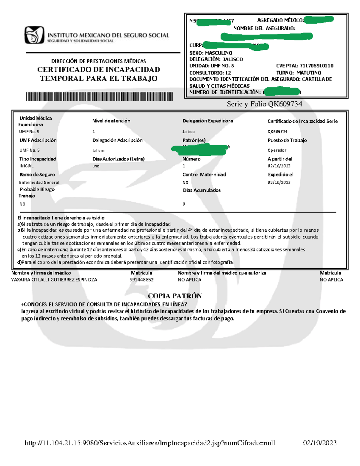 Certificado de Incapacidad Temporal IMSS: 1M1995OR - Leonel Medina ...