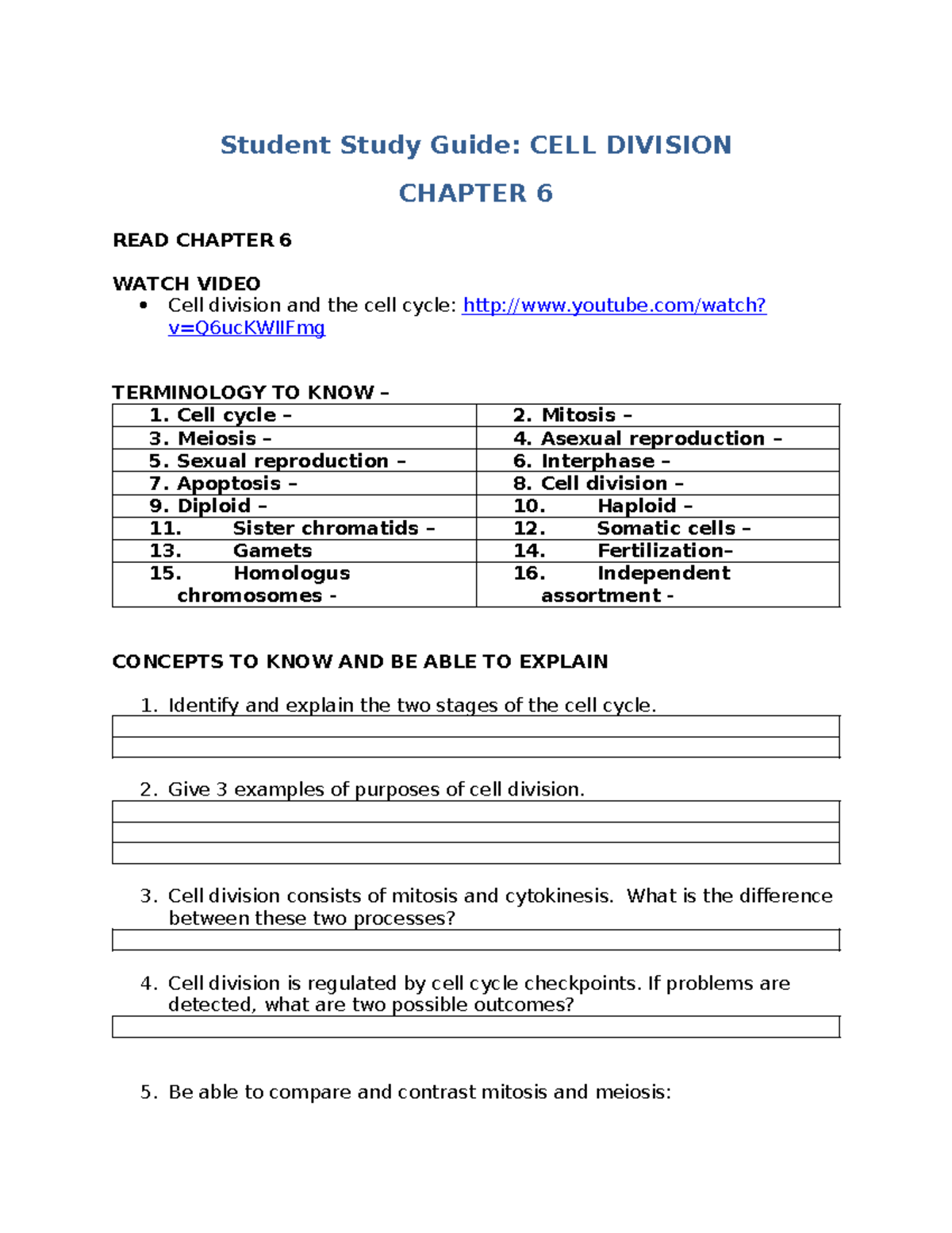 Student Study Guide: Cell Division Concepts - CH 6 - Studocu
