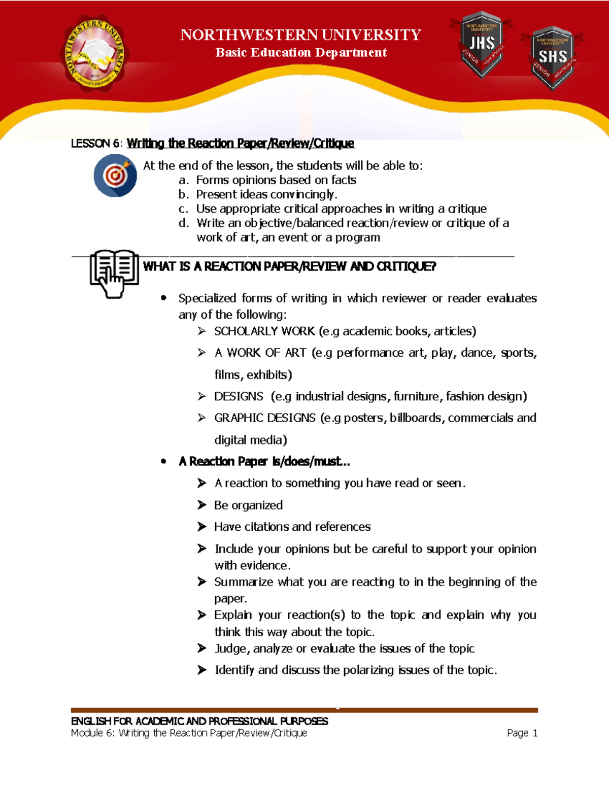Lesson 6 Reaction Paper: Writing a Review, Critique & Analysis - Studocu