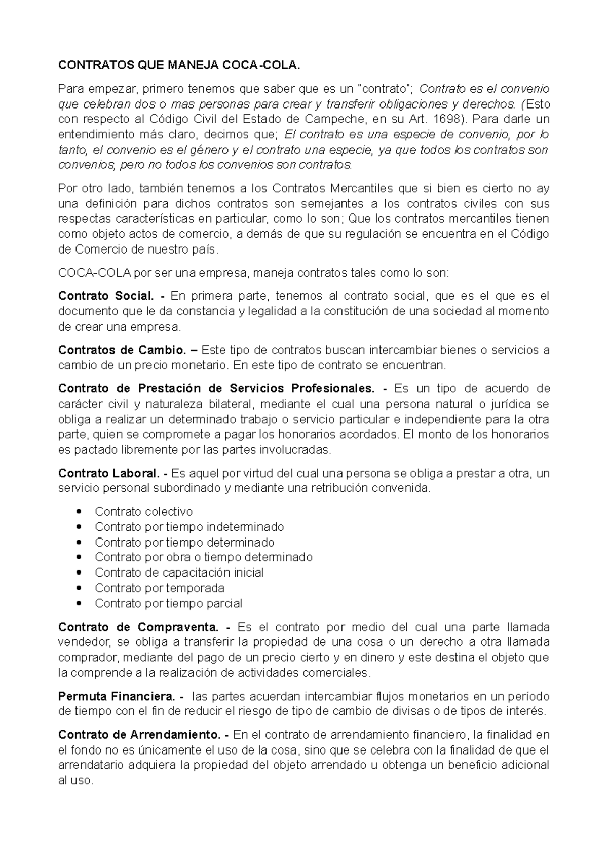 Contratos Mercantiles que Maneja Coca-Cola: Un Análisis Detallado - Studocu