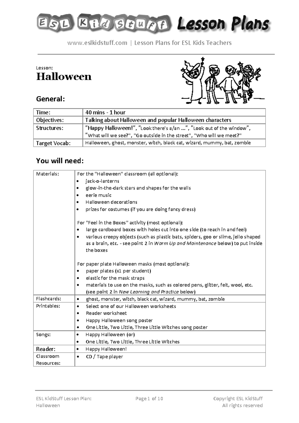 Halloween lesson plan US - ESL KidStuff Lesson Plan: Page 1 of 10 ...