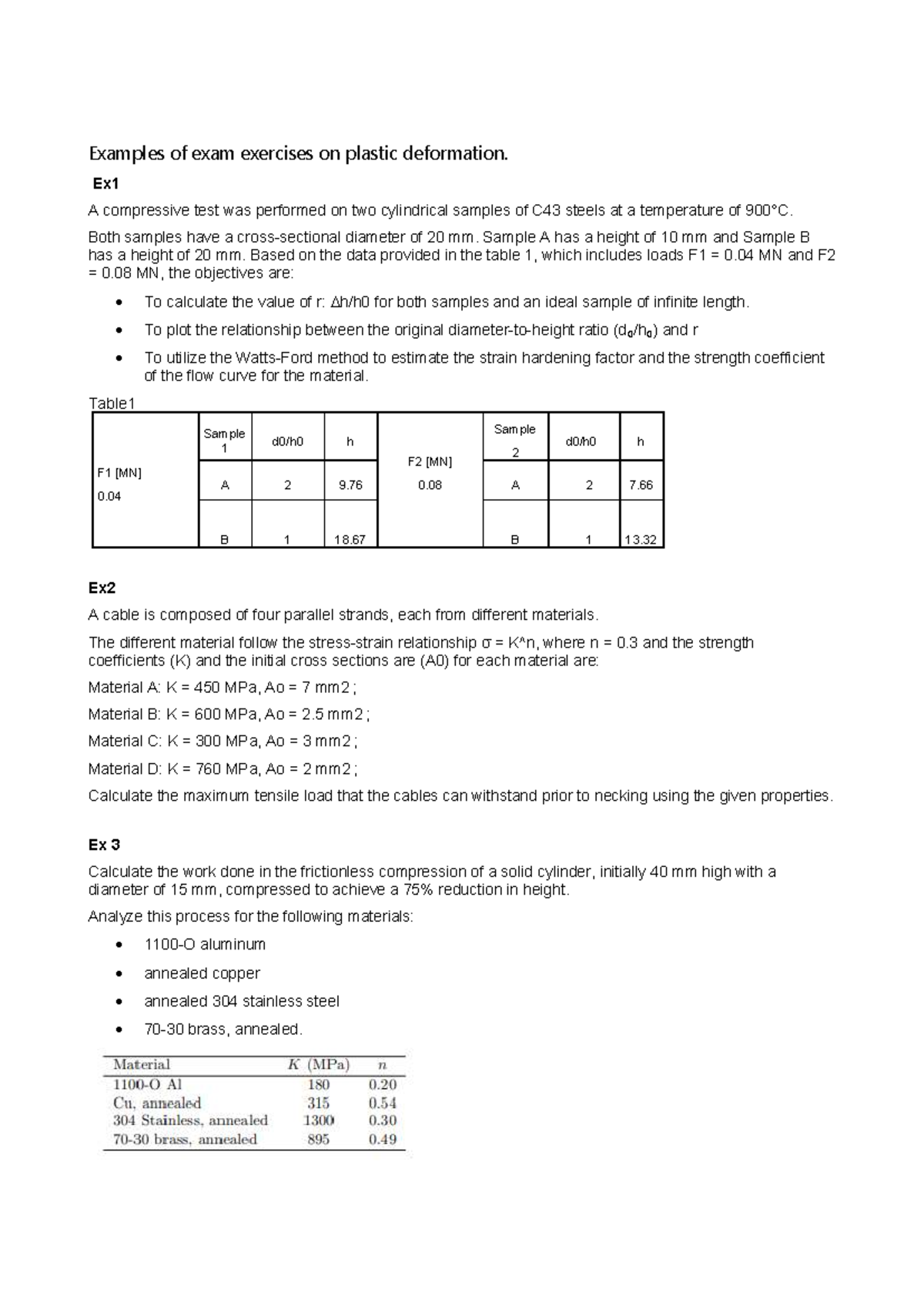 Plastic Deformation Exam Exercises: C43 Steel & Cable Analysis - Studocu
