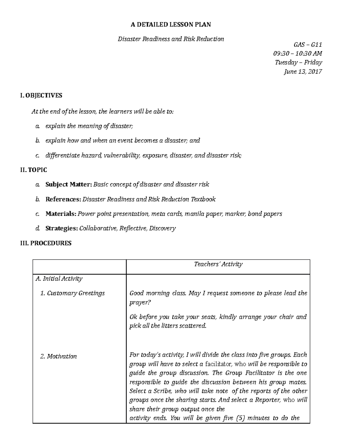 A detailed lesson plan drrr - I. OBJECTIVES A DETAILED LESSON PLAN ...