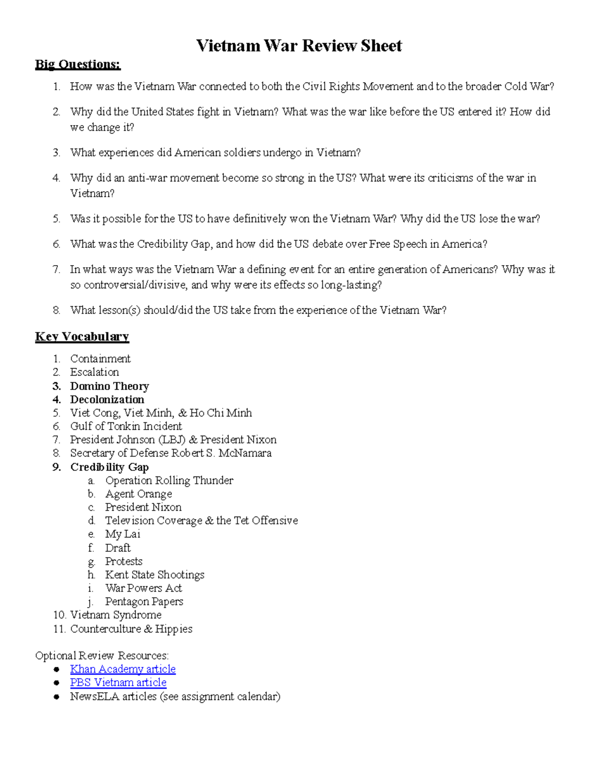 Vietnam War Study Guide: Main Events, Credibility Gap, and Social ...