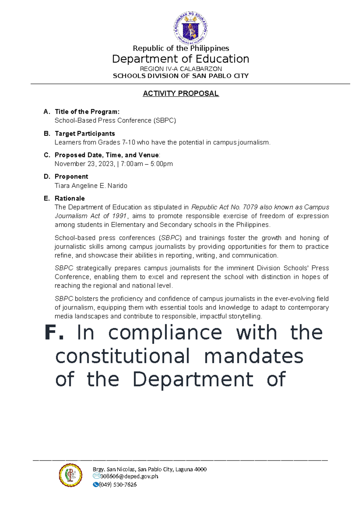 Activity Proposal for School-Based Press Conference (SBPC) 2023 - Studocu