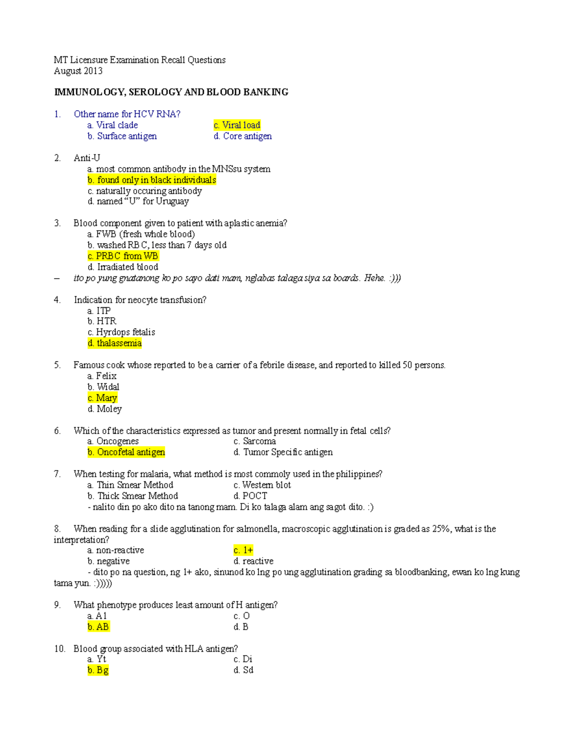 MT Licensure Exam Recall Questions: Immunology, Microbiology ...