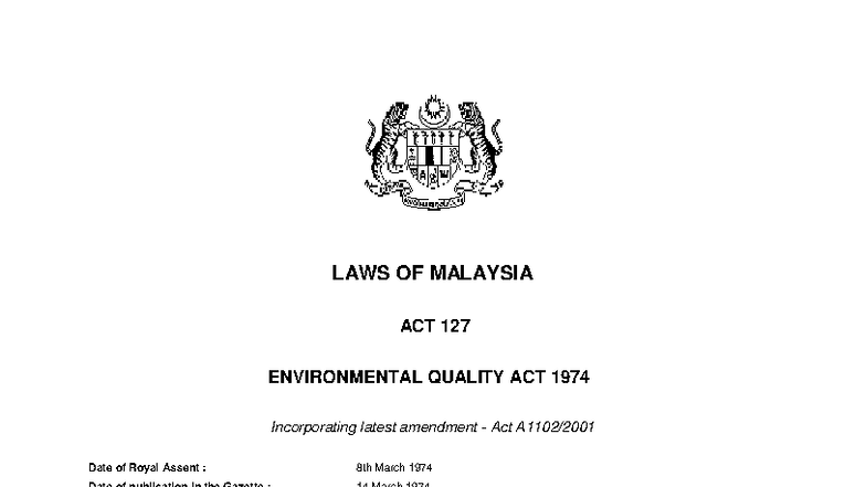 Environmental Quality Act 1974 - ACT 127 Overview and Provisions - Studocu