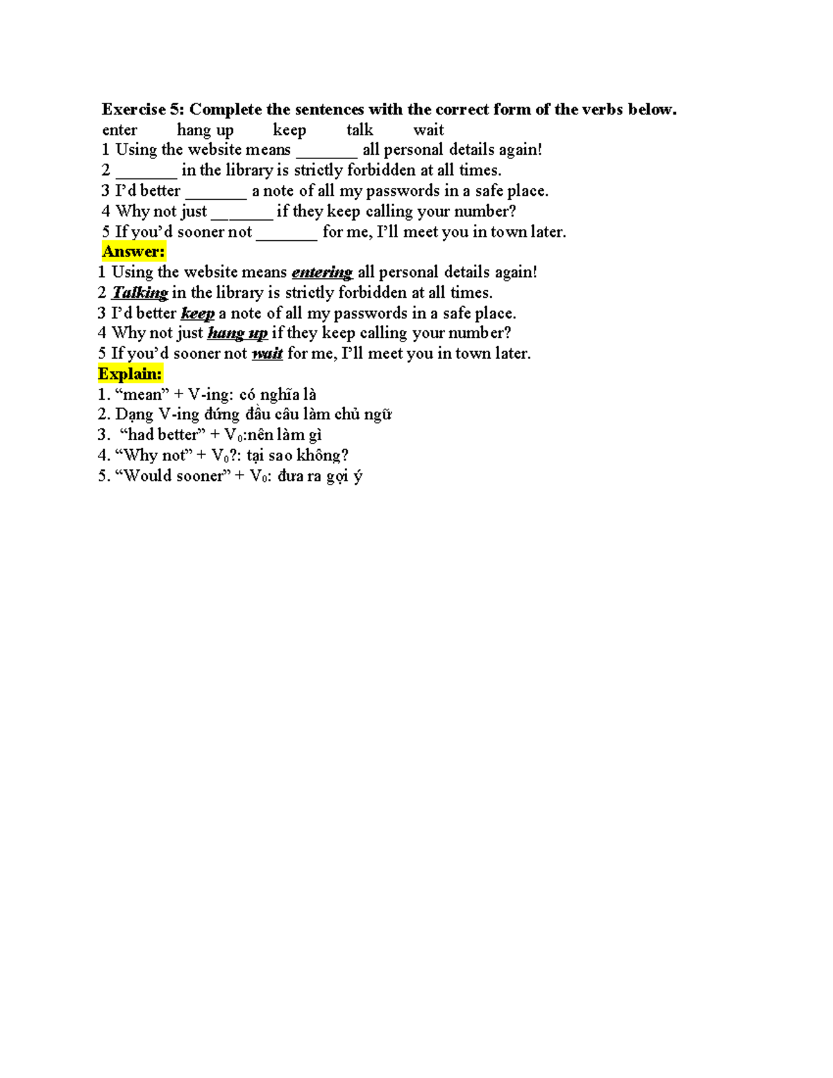 Exercise 5: Verb Forms Completion and Explanation - Studocu